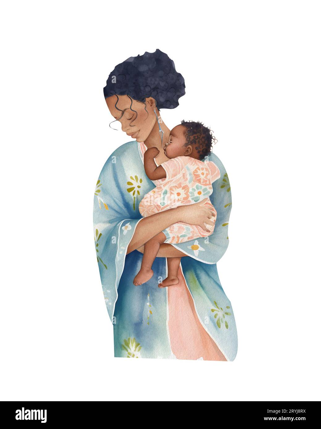 Watercolor illustration of a mother holding a baby. Newborn baby. Mum ...