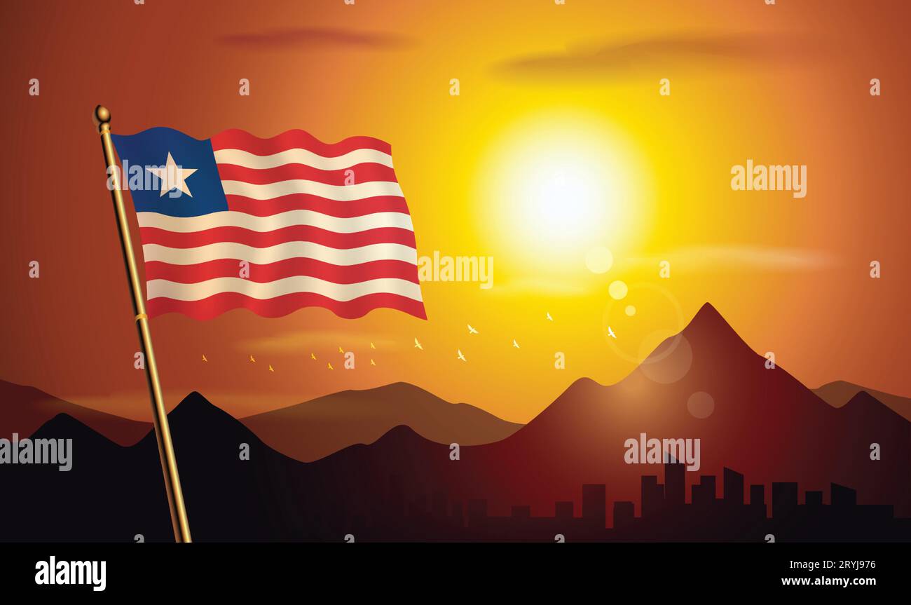 Liberia flag with sunset background of mountains and lakes Stock Vector ...