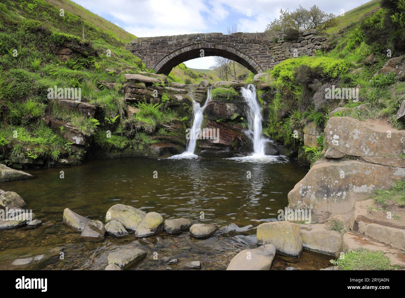 The River Dane and waterfalls at Three Shires Head, the meeting point ...