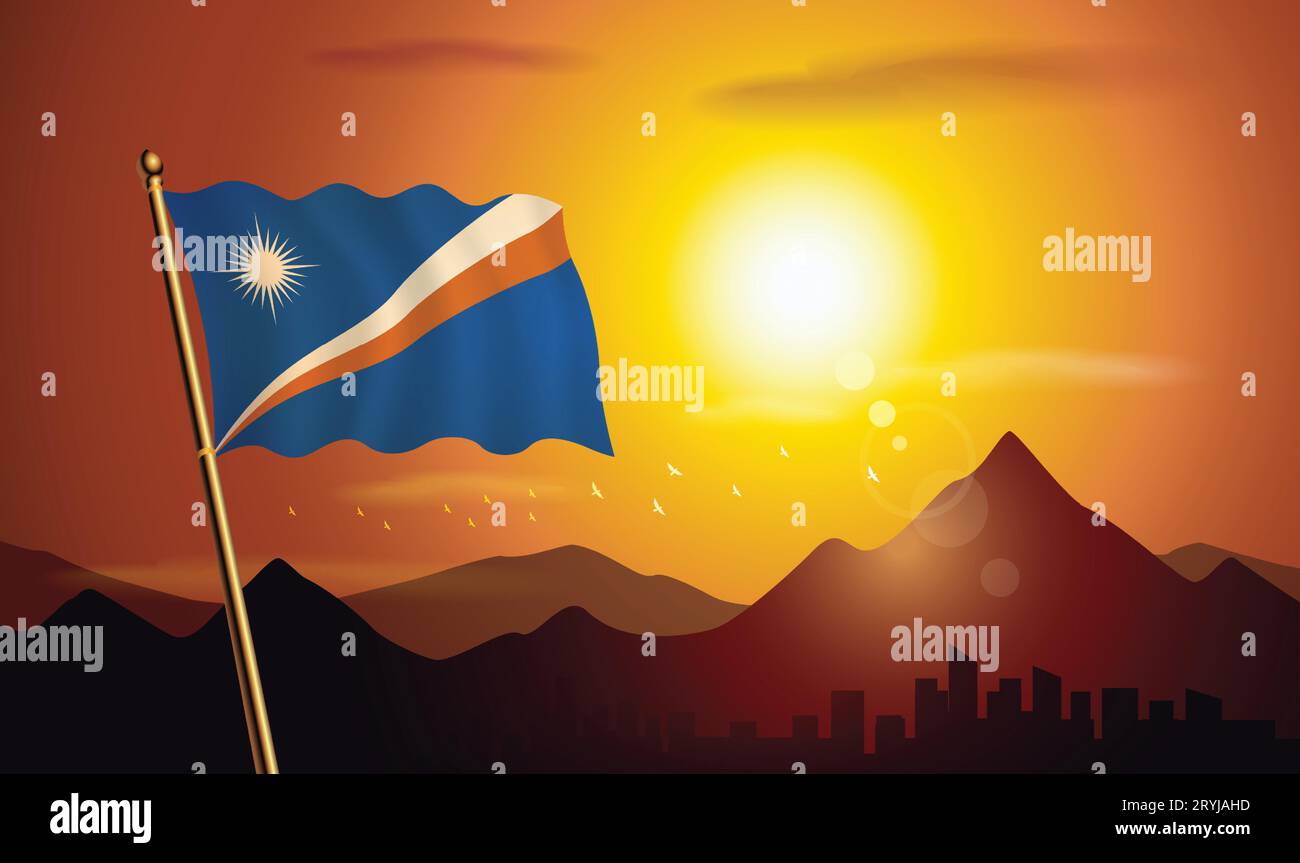 Marshall Islands flag with sunset background of mountains and lakes ...