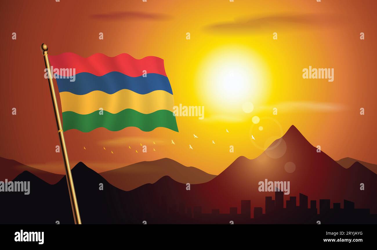 Mauritius flag with sunset background of mountains and lakes Stock ...