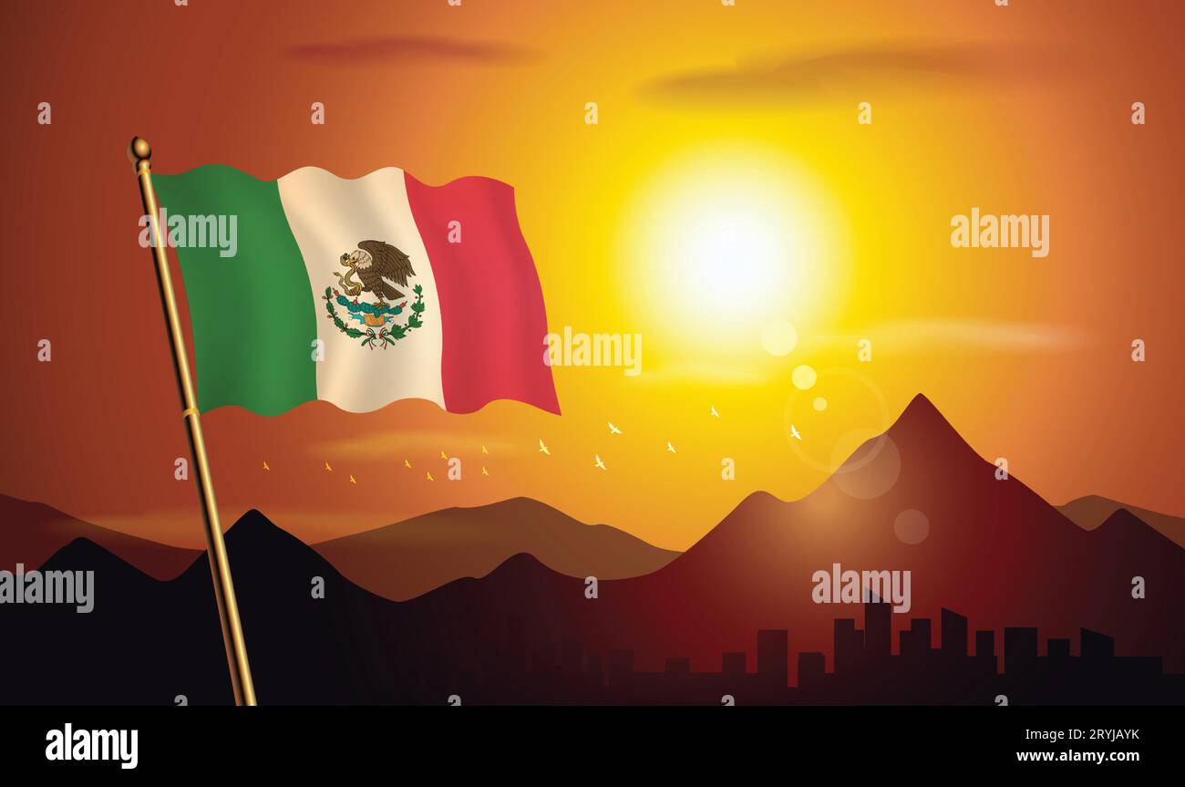 Mexico flag with sunset background of mountains and lakes Stock Vector ...
