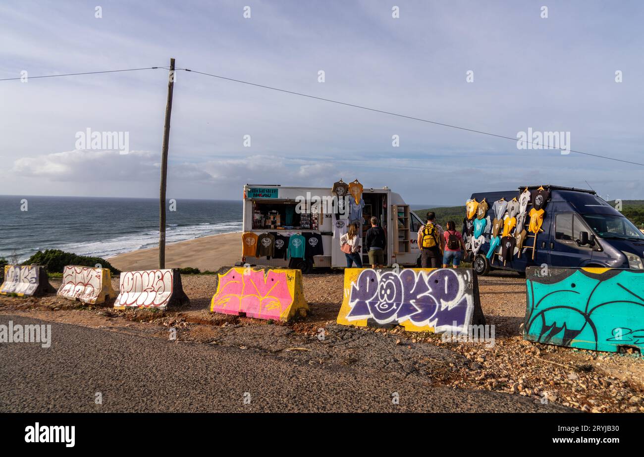 View of windy surfing north beach in Nazare ,Portugal, host to one of ...
