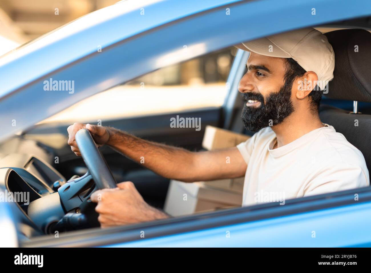 Arabic Courier Man Driving Automobile Loaded With Parcels Boxes ...