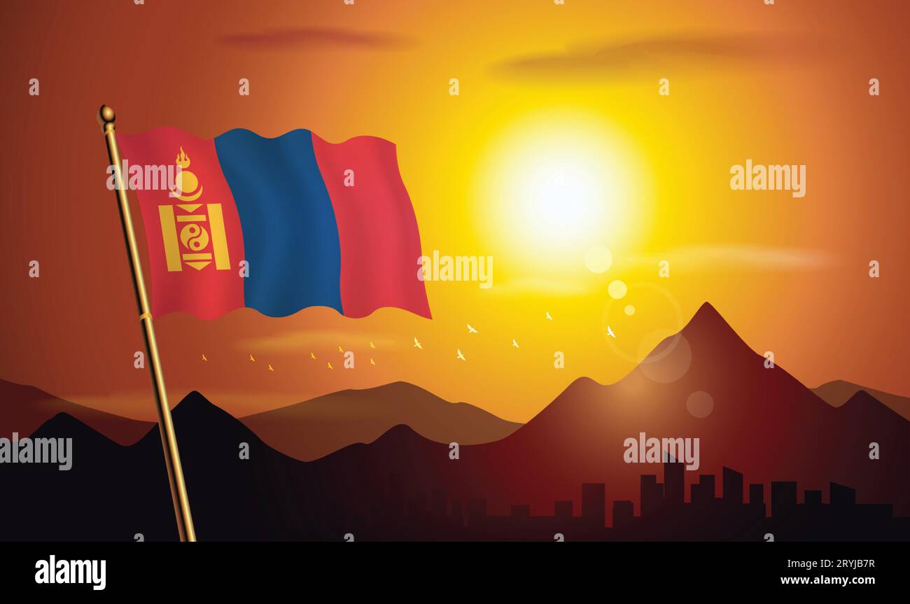 Mongolia flag with sunset background of mountains and lakes Stock ...