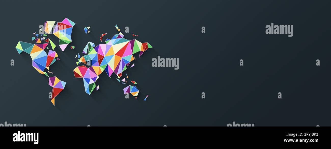 World map shape made of colorful polygons. 3D illustration on a black ...