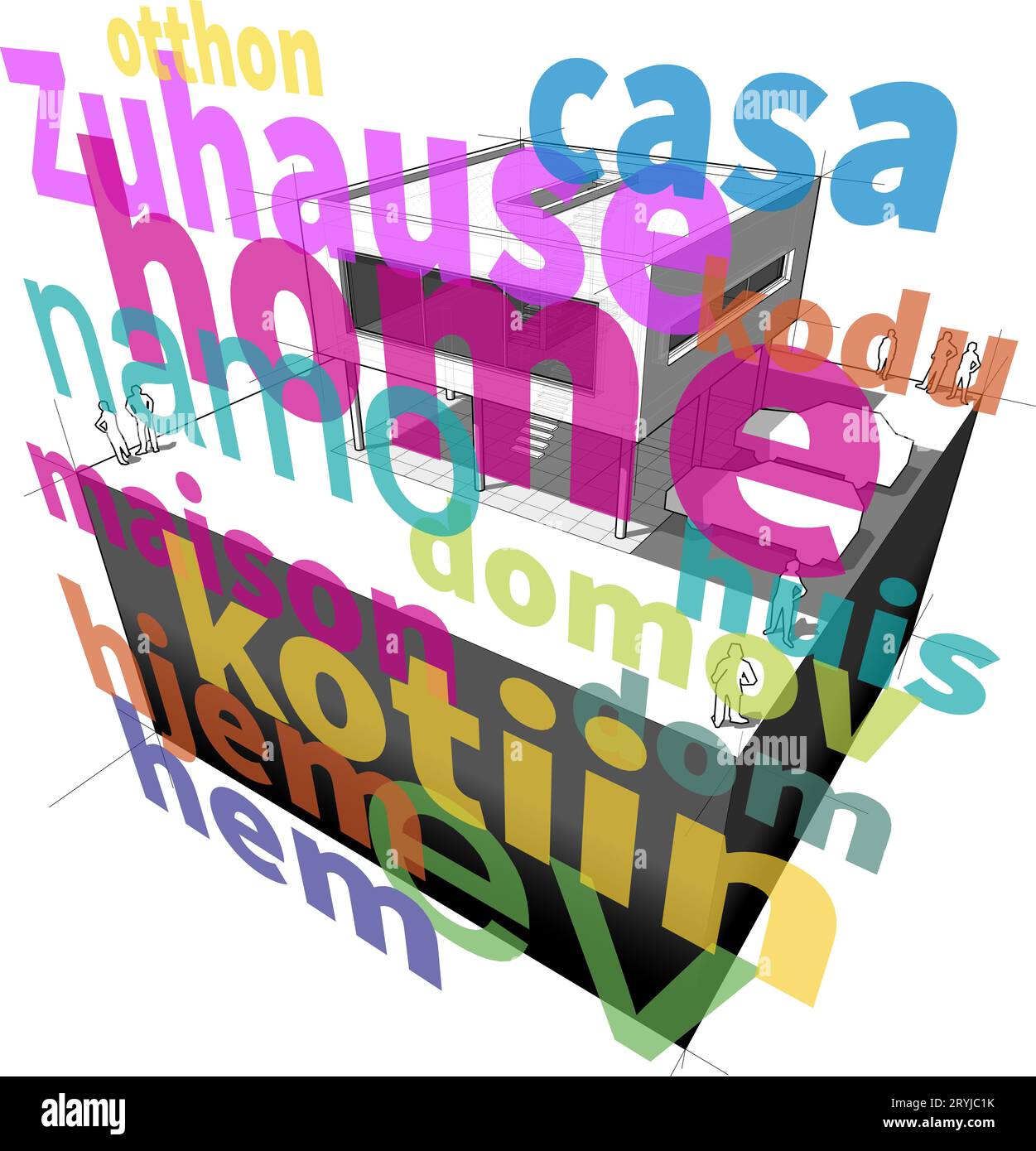 Diagram of aÂ modern house with word home in many languages in front of ...