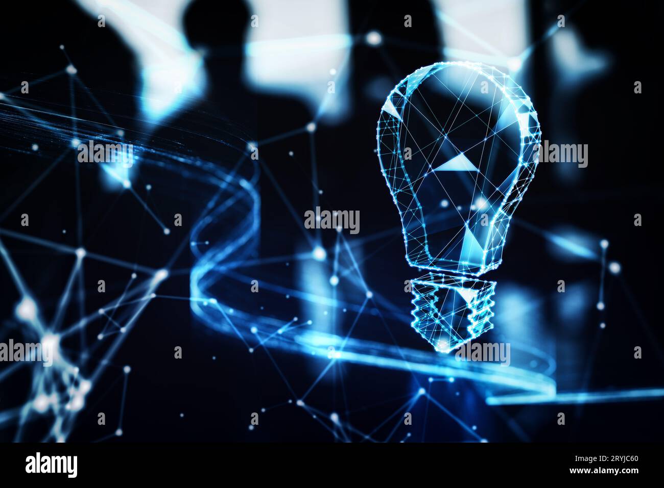 Illuminated wireframe of a bulb light on dark blue background. 3D ...