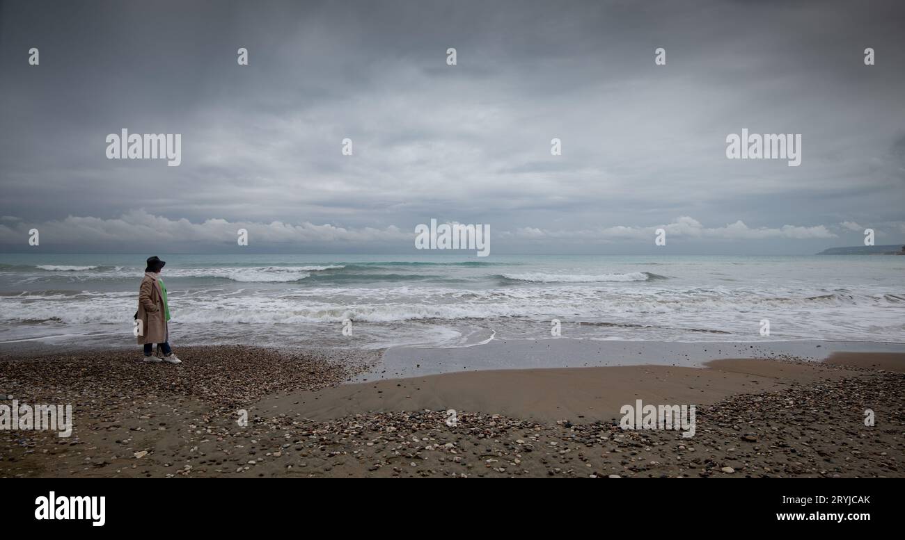 One woman walking on the coast beach. Stormy sky windy waves Stock ...