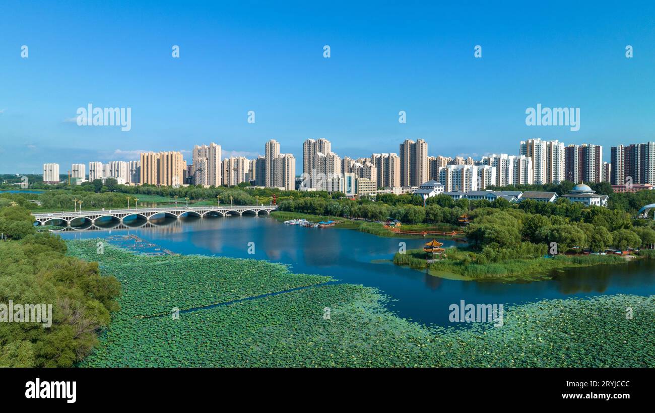 Aerial photography of waterfront city scenery in North China Stock ...