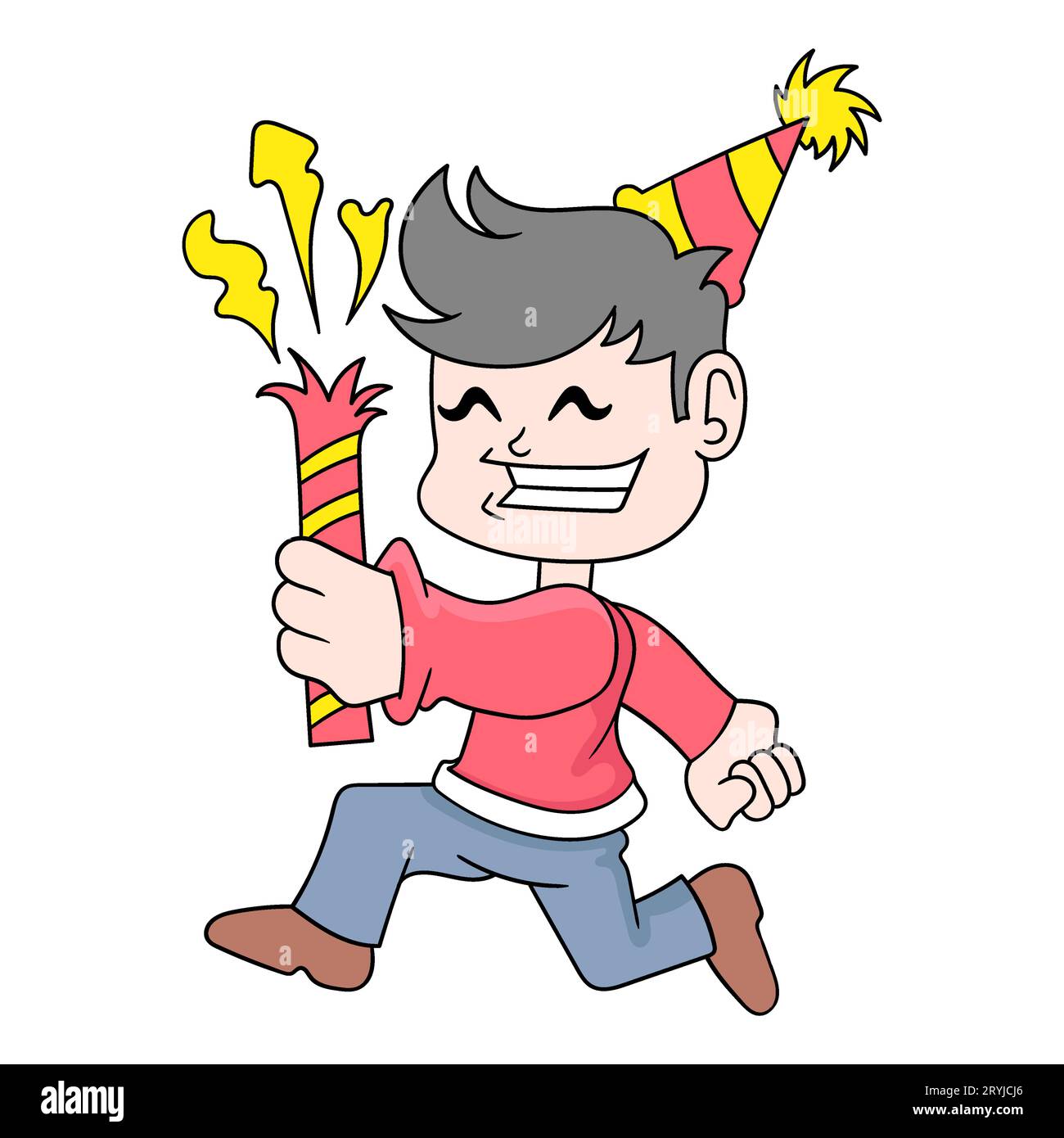 boy is celebrating new year setting off fireworks, vector illustration ...