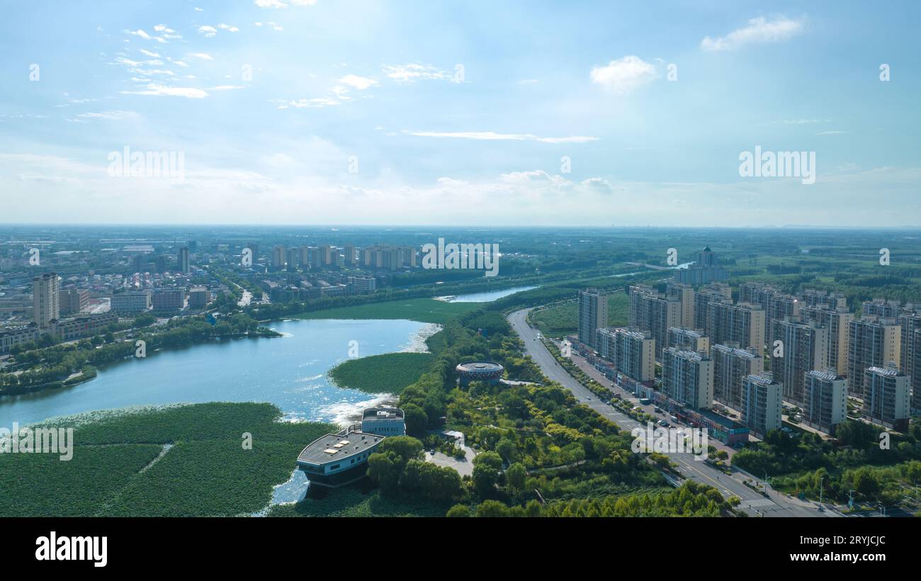 Aerial photography of waterfront city scenery in North China Stock ...