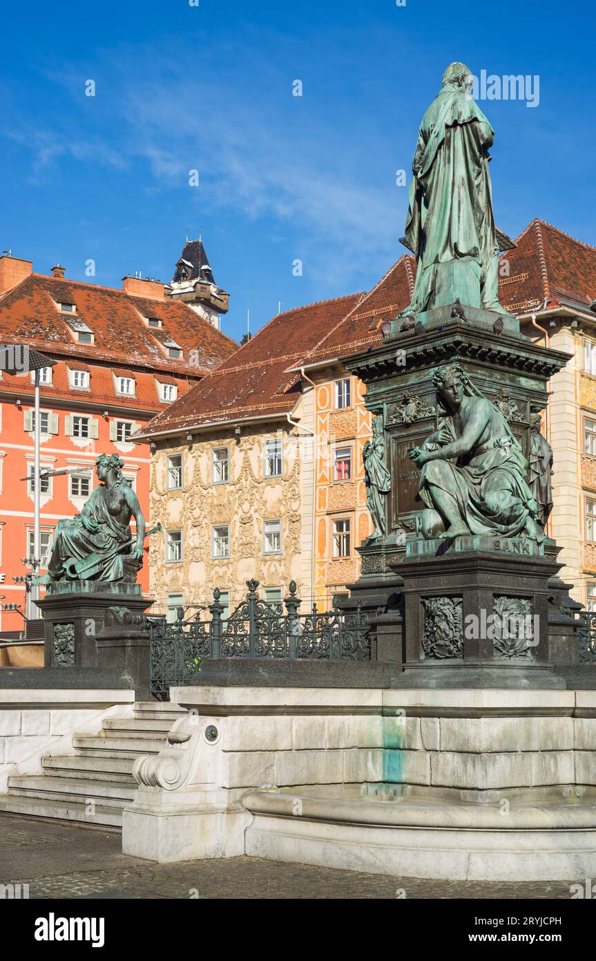 The Archduke Johann fountain and city hall of Graz on the main square ...