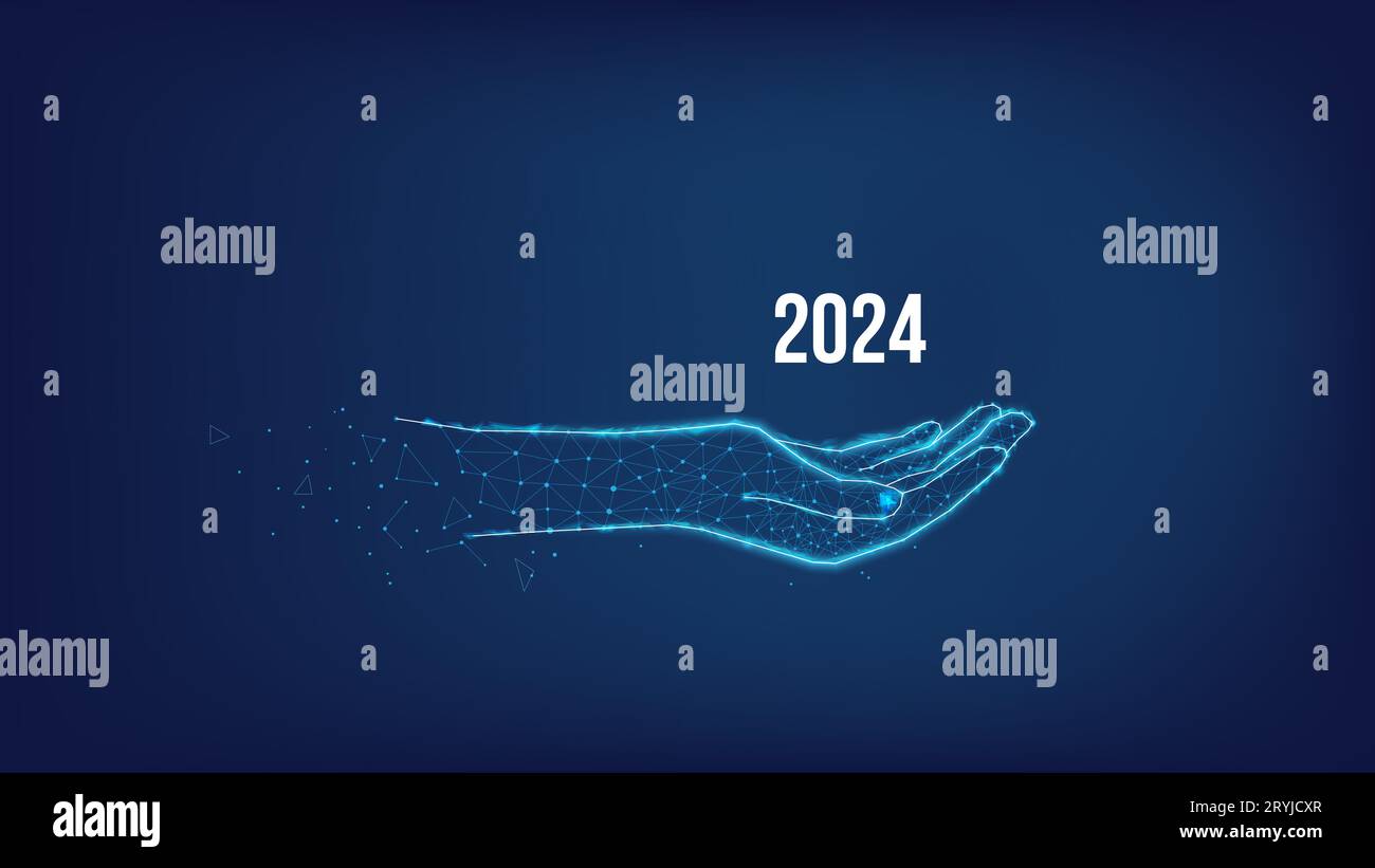 Happy New Year with 2024 in hand from triangles and points on dark blue ...
