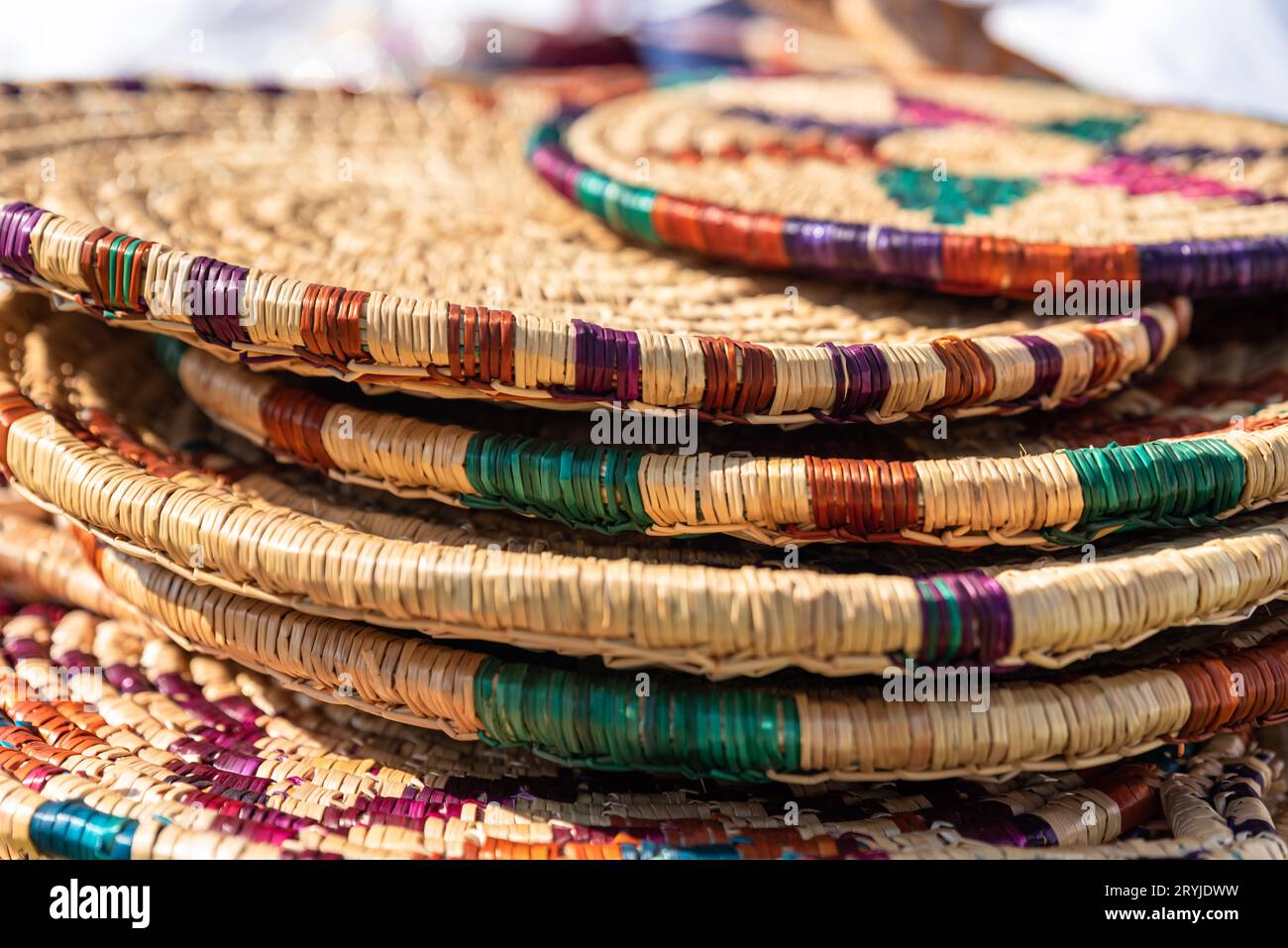 handmade colorful wicker products, sustainable decoration concept. High ...