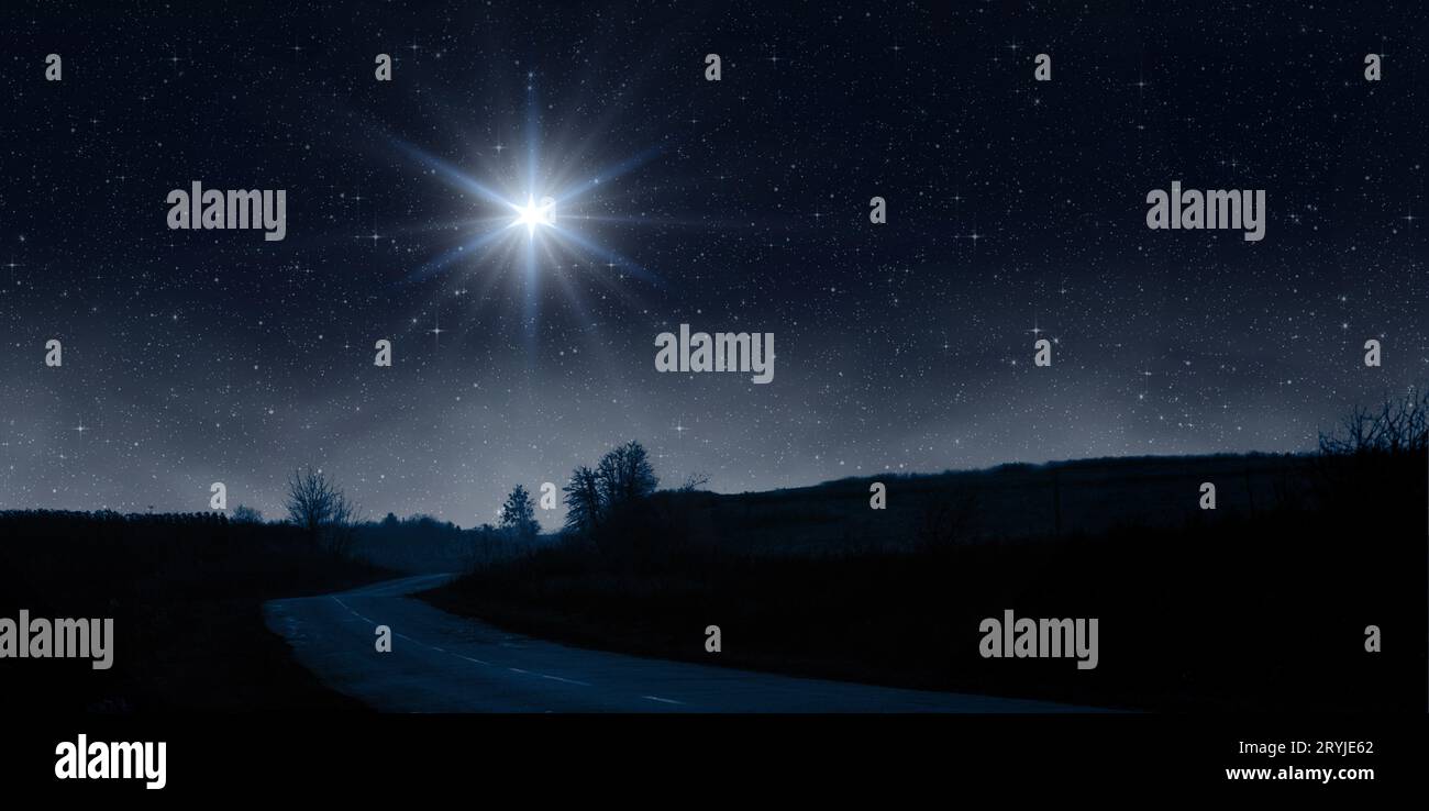Bright star shines over the road at night. Birth of Jesus concept, Star ...