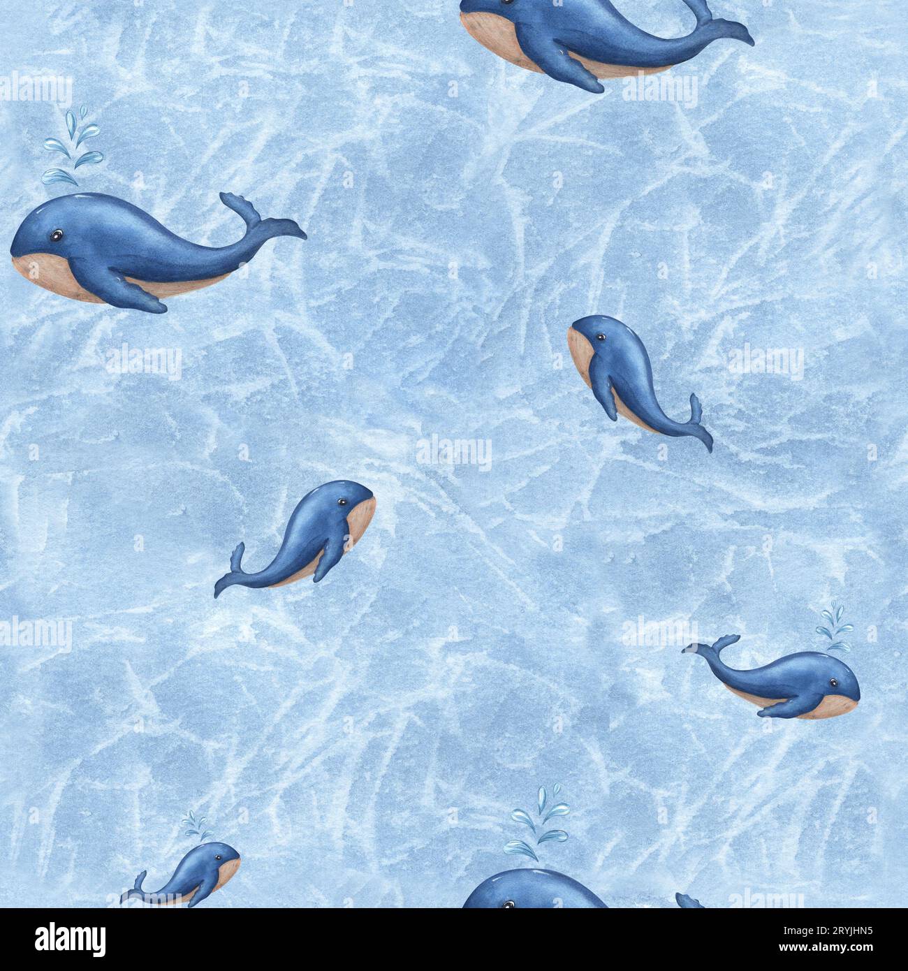 Seamless pattern with swimming whales on blue. Sperm whale breathe ...