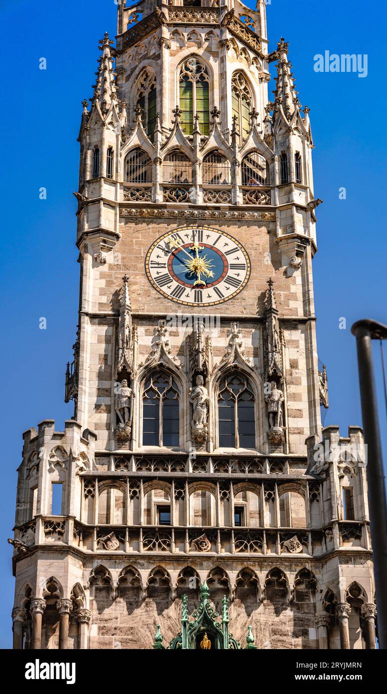 Munich, Germany - July 22, 2023: Panoramic view of main clock on tower ...