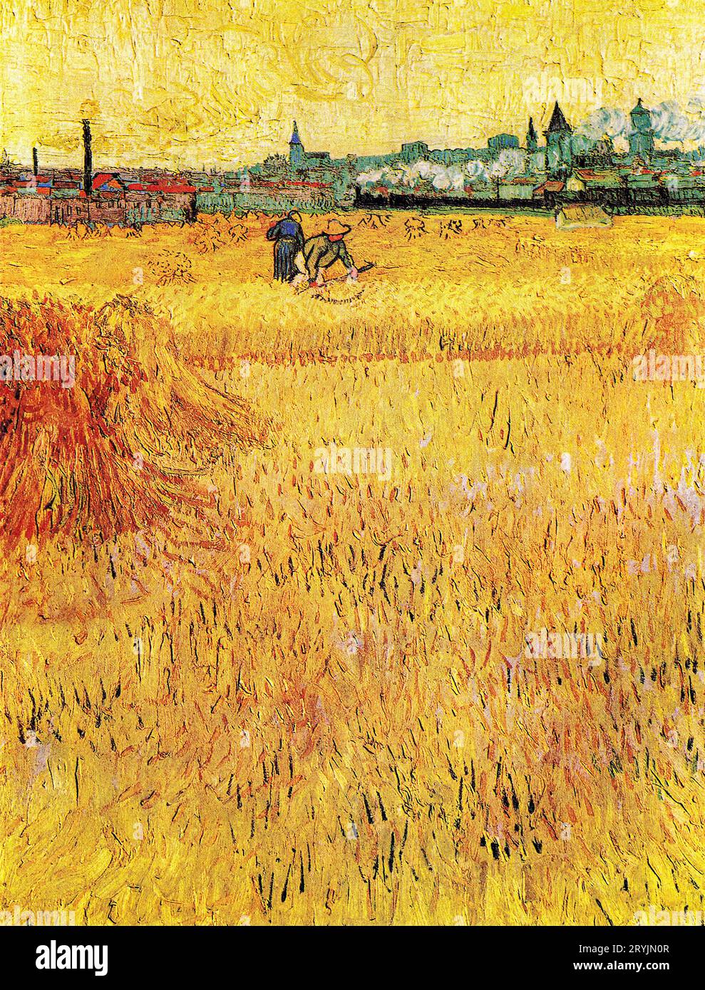 Vincent van Gogh's Wheat field with View of Arles (1888) famous landscape painting. Original ...