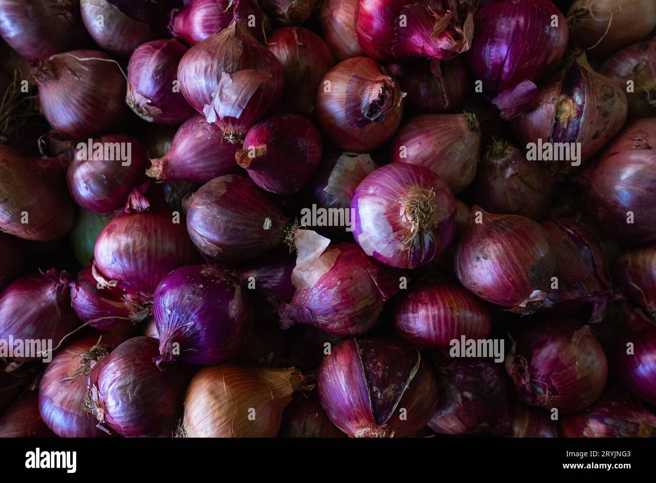 Lots of red onions in the city market Stock Photo - Alamy
