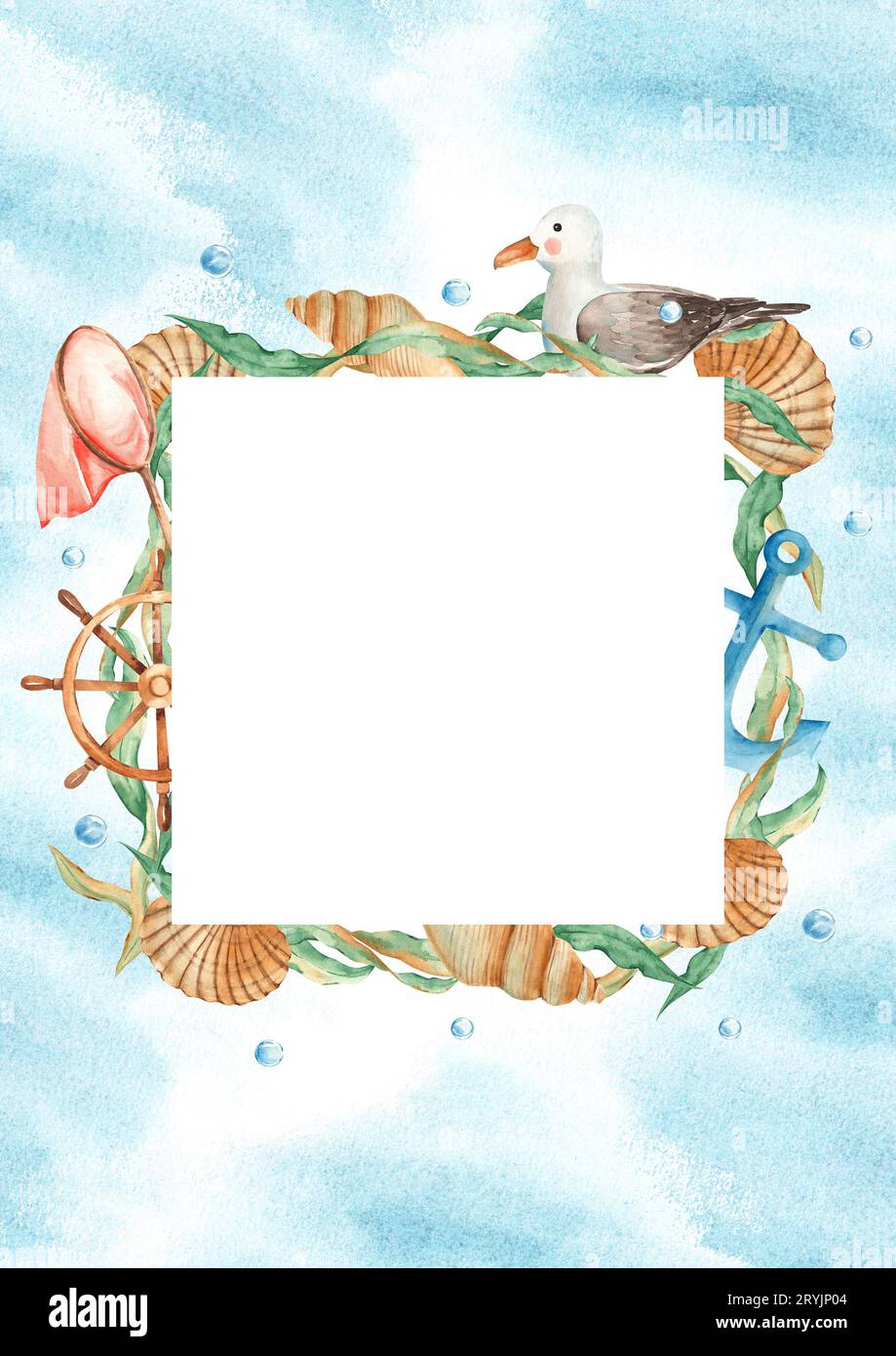 Sea card template with sea square frame, cute sea gull, wooden steering ...