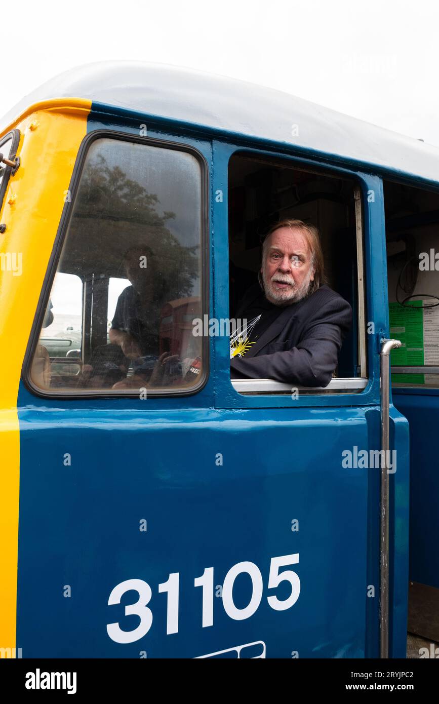 Rick Wakeman in cab of Class 31 diesel locomotive at Mangapps Railway ...