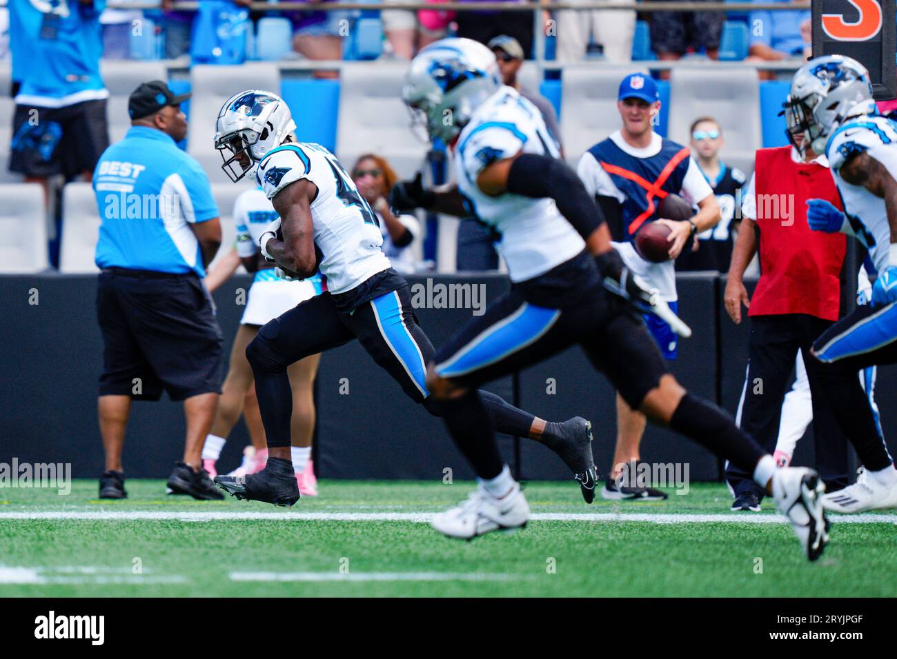 Carolina Panthers safety Sam Franklin Jr. runs for a touchdown after an ...