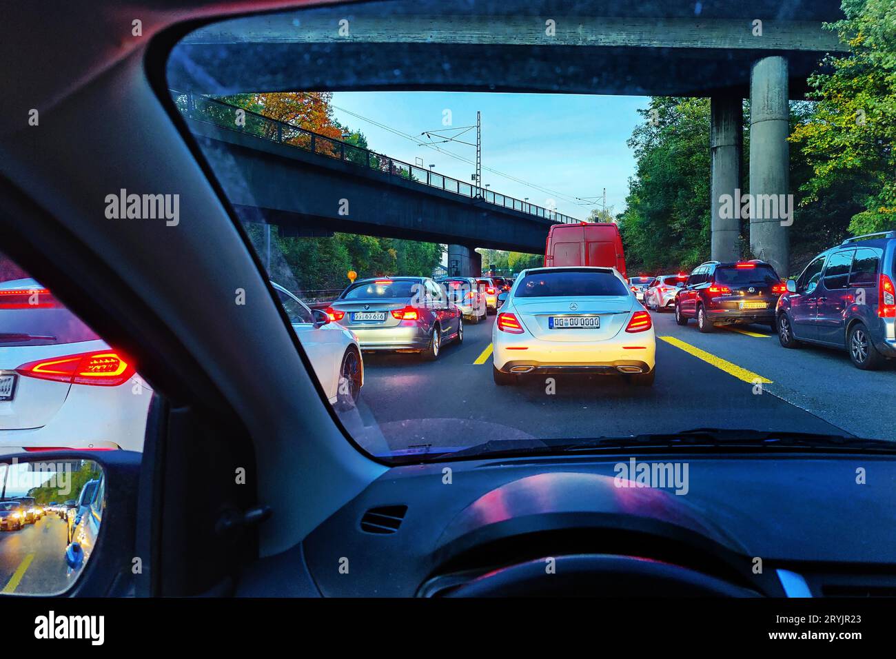 View from the car during a traffic jam on Autobahn 43, Herne, North ...