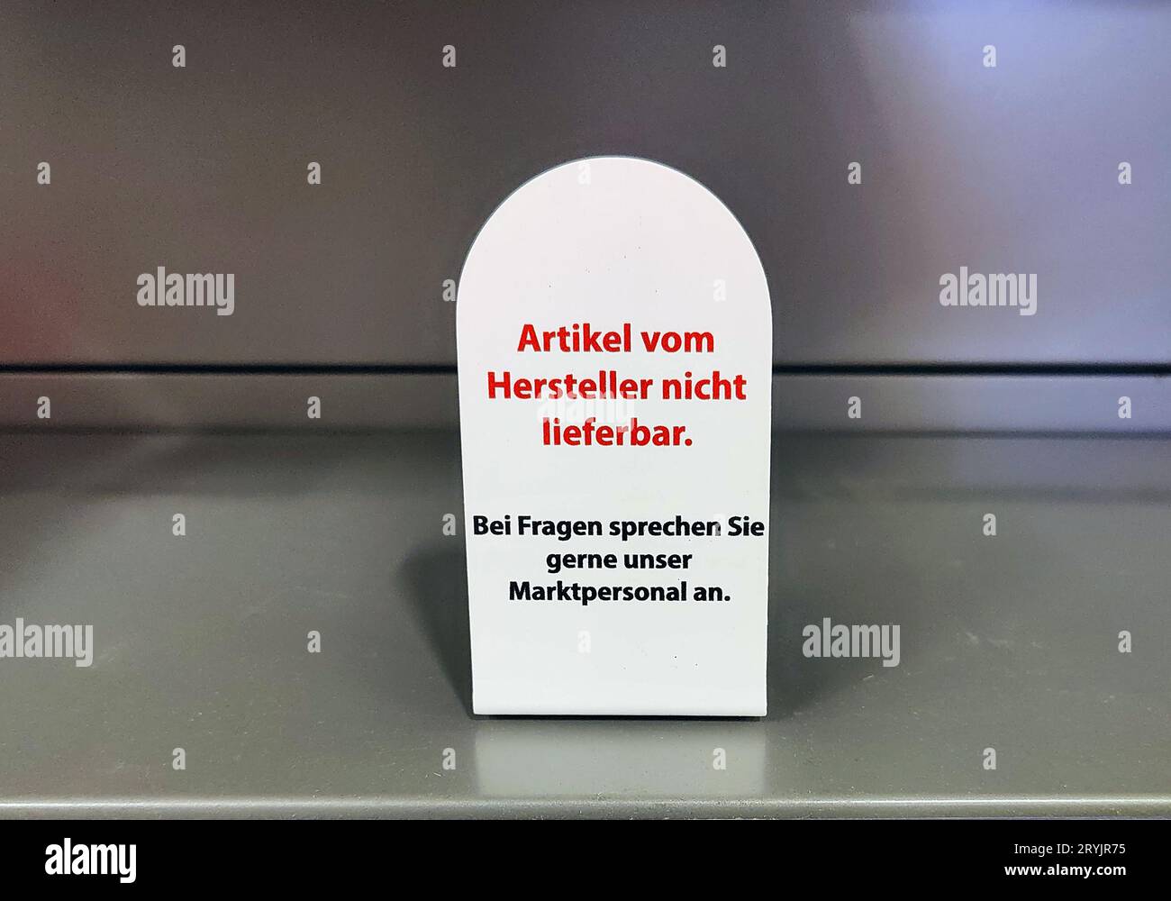 Sign Article not available from the manufacturer, empty shelf in the ...