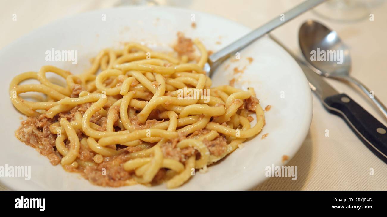 large spaghetti called BIGOLI with duck meat is the typical dish of ...