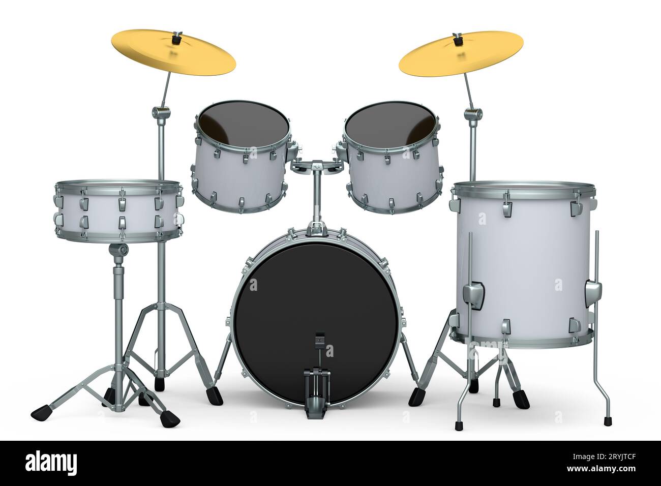 Set of realistic drums with metal cymbals on white background. 3d ...
