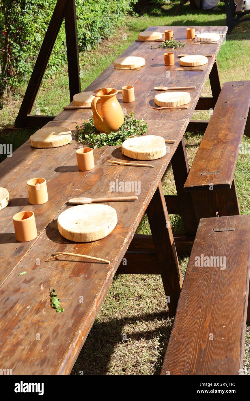 historical reconstruction of an ancient tavern restaurant with wooden ...
