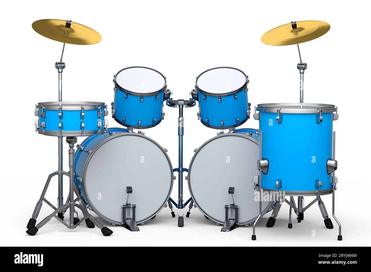 Set of realistic drums with metal cymbals on white background. 3d ...
