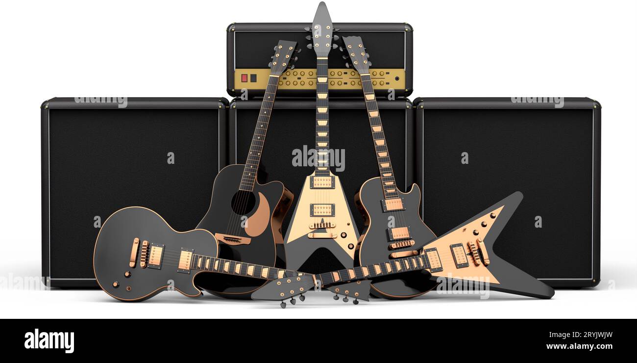Set of electric acoustic guitar and amplifier on white background. 3d ...