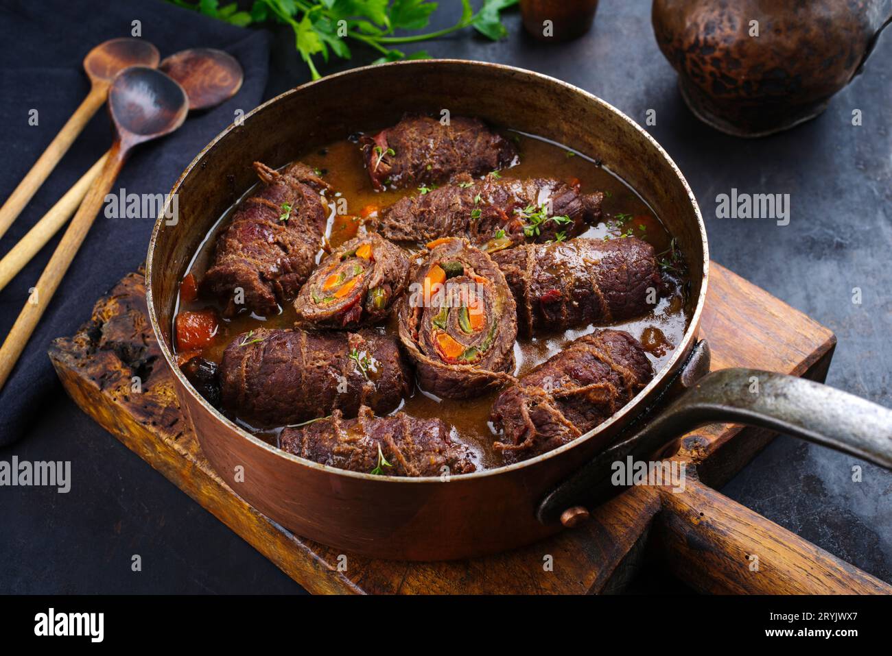 Traditional slow cooked German wagyu beef roulades with vegetable and ...