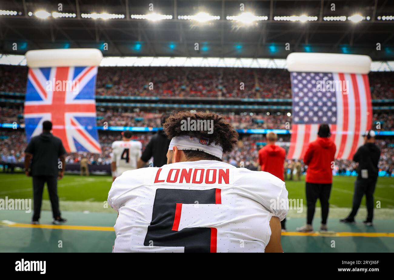 Atlanta Falcons’s Drake London sits on the bench ahead of the NFL ...