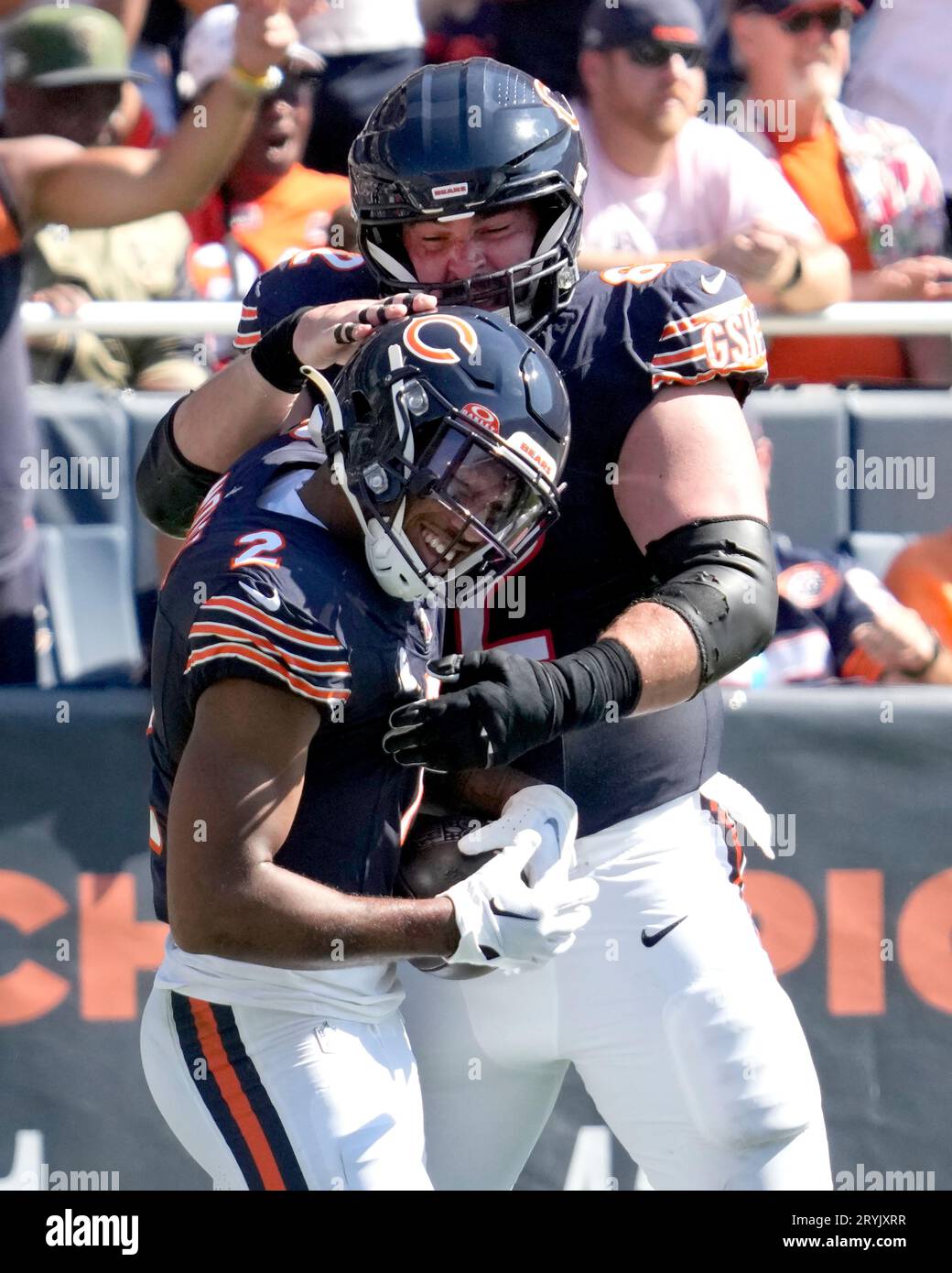 Chicago Bears guard Lucas Patrick celebrates with wide receiver DJ ...