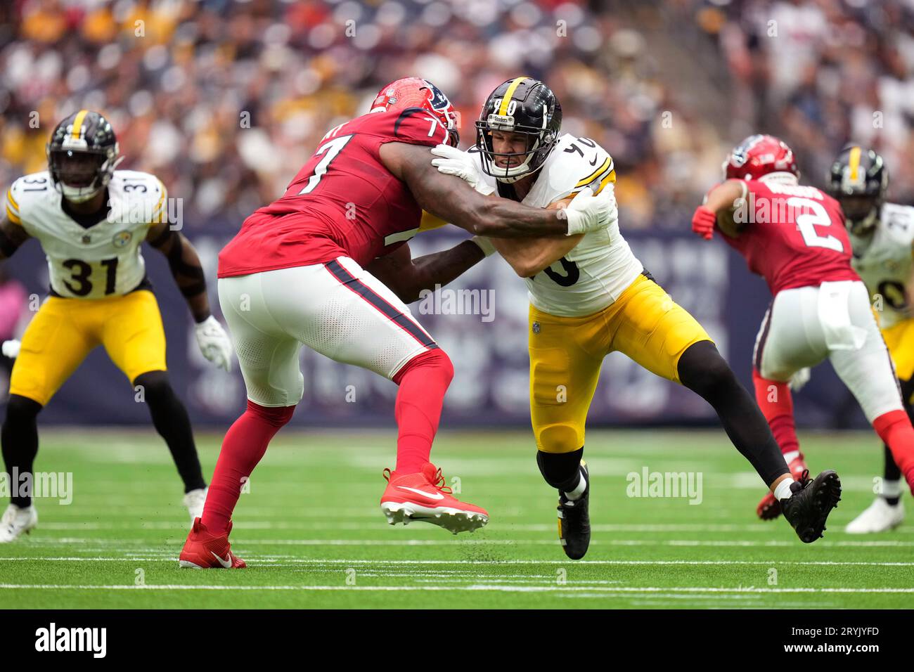 Houston Texans offensive tackle George Fant (77) and Pittsburgh ...