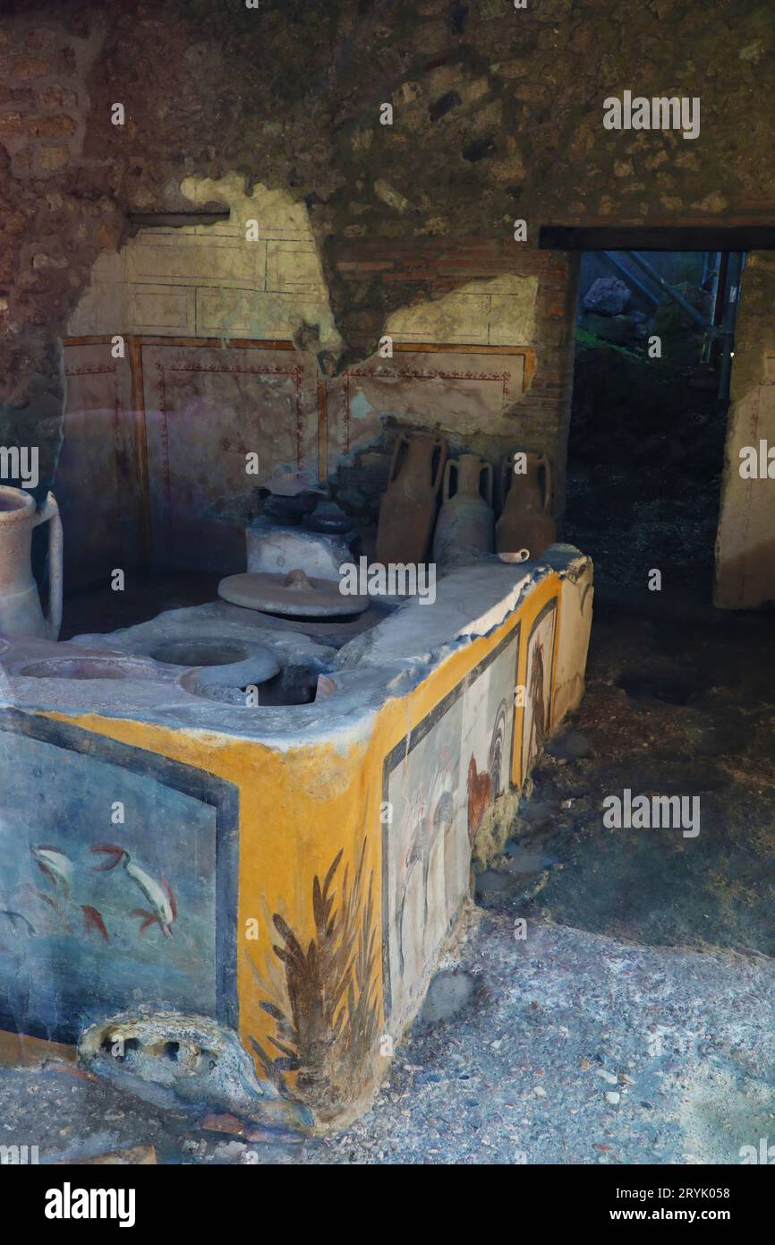 Beautiful counter of antique roman restaurant in Pompeii, Italy Stock ...