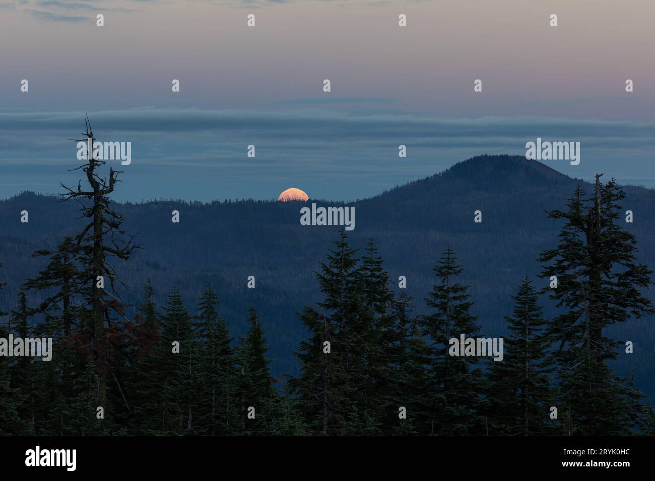 Close up of the harvest supermoon rising over the cascade mountains in ...