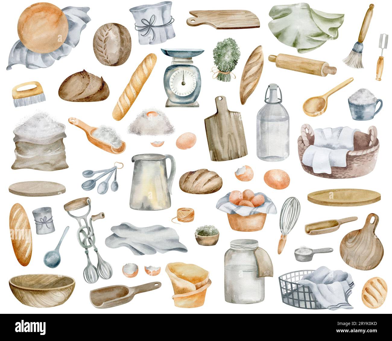 Watercolor illustration with culinary items and products. Baking bread ...