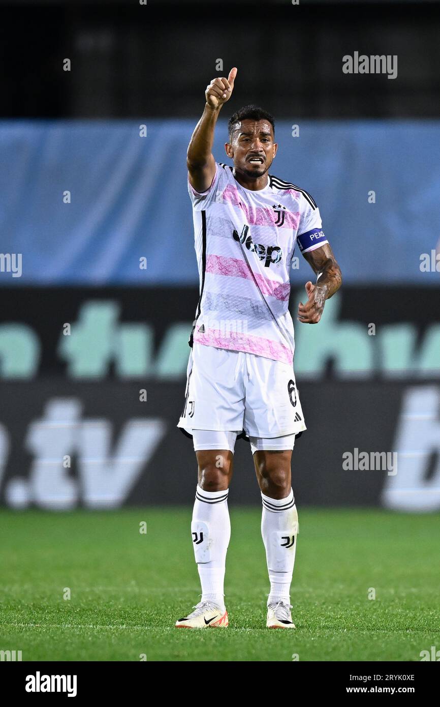 Bergamo, Italy. 1 October 2023. Danilo Luiz da Silva of Juventus FC gestures during the Serie A ...