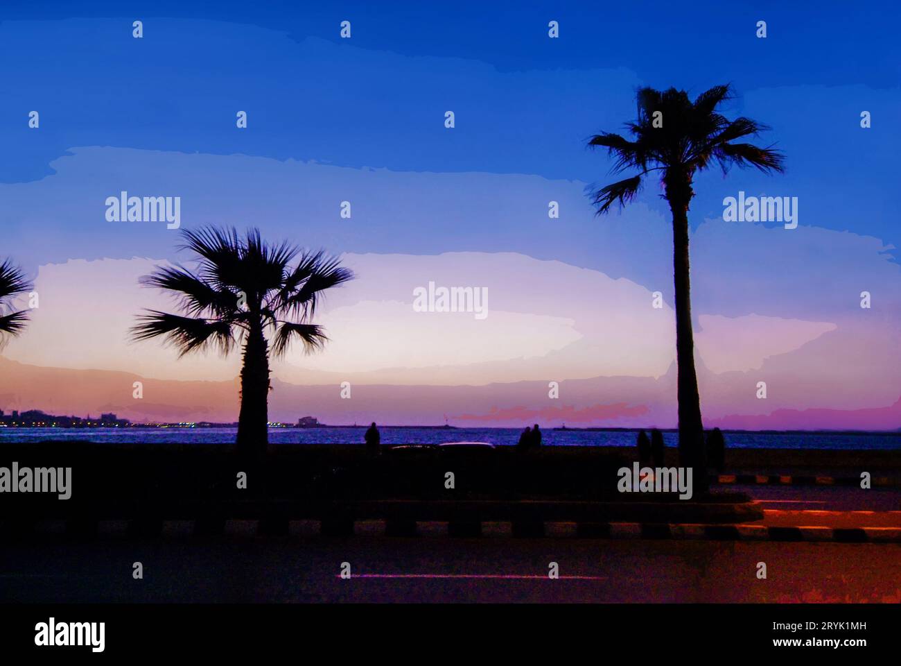 Silhouettes palm trees on embankment hi-res stock photography and ...