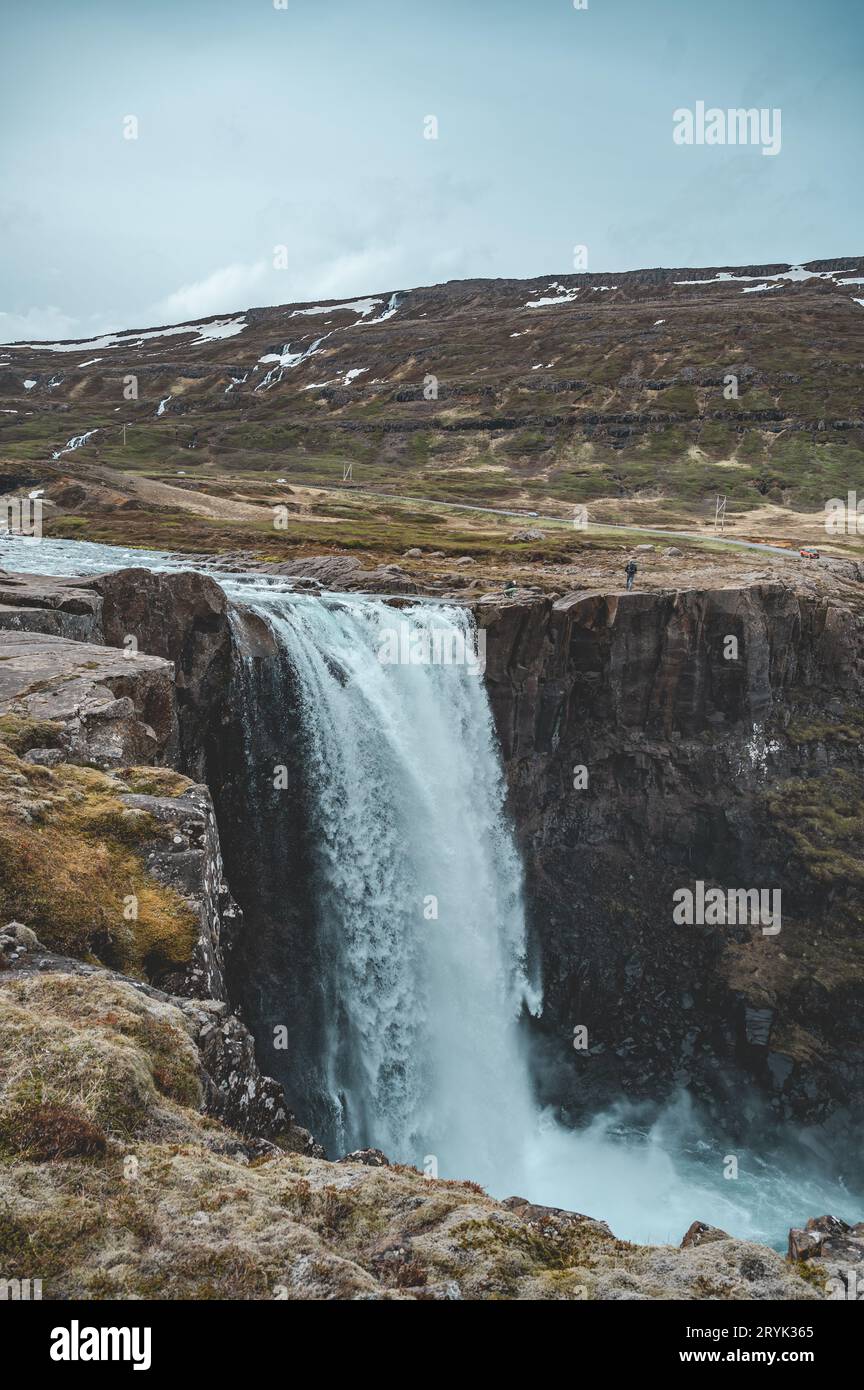 Gufufoss waterfall side view, near Seydisfjordur, Iceland, vertical ...