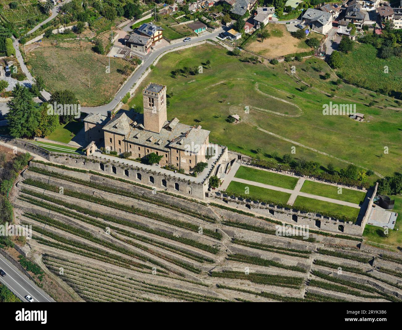 AERIAL VIEW. Sarre Royal Castle. Sarre, Aosta Valley, Italy Stock Photo ...