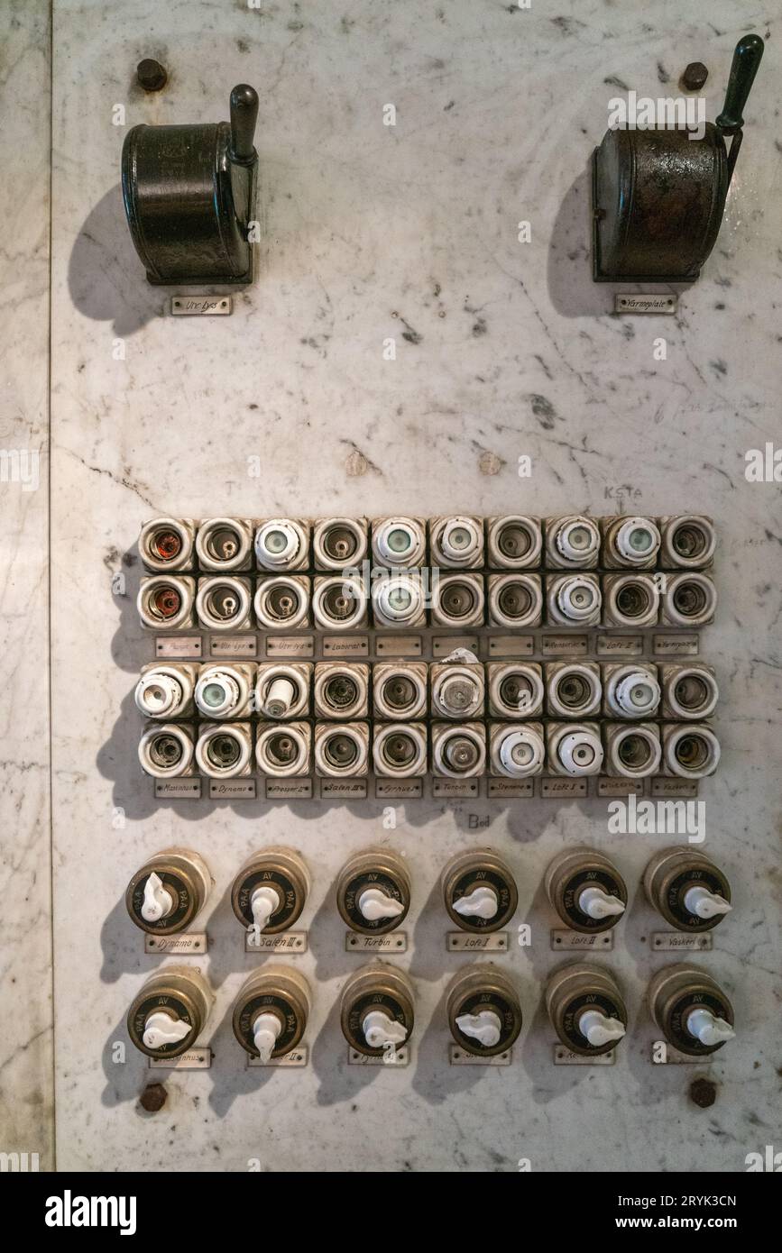 Control panel at the historic Kistefoss pulp mill, Norway Stock Photo ...