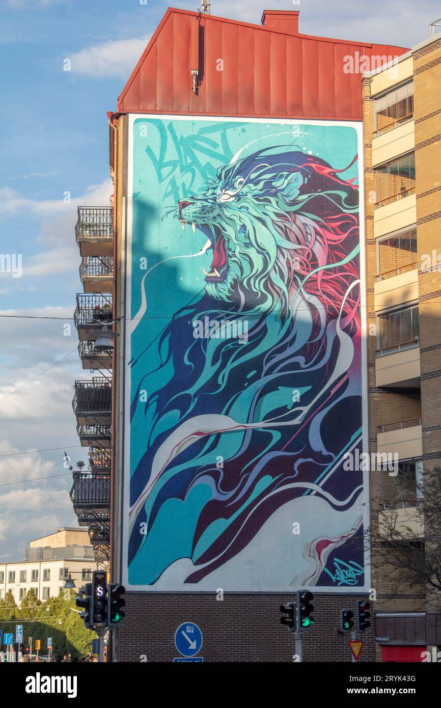 Blue lion mural - French artist Kalouf painted this large lion at the ...