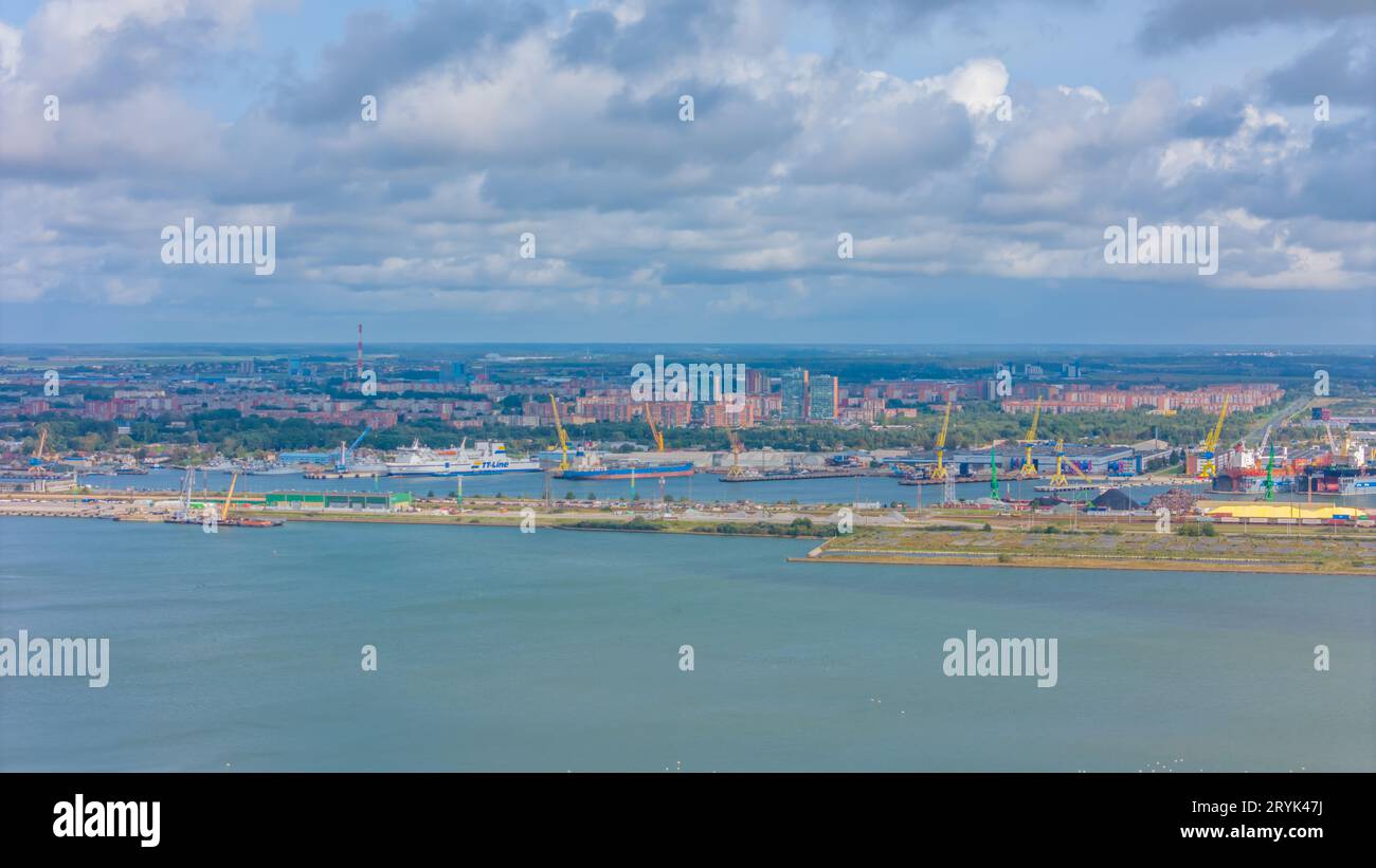 Aerial Panorama view of Port of Klaipeda, Lithuania. One of the few ice ...