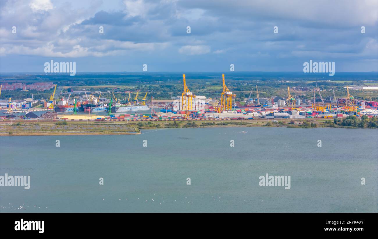 Aerial Panorama view of Port of Klaipeda, Lithuania. One of the few ice ...