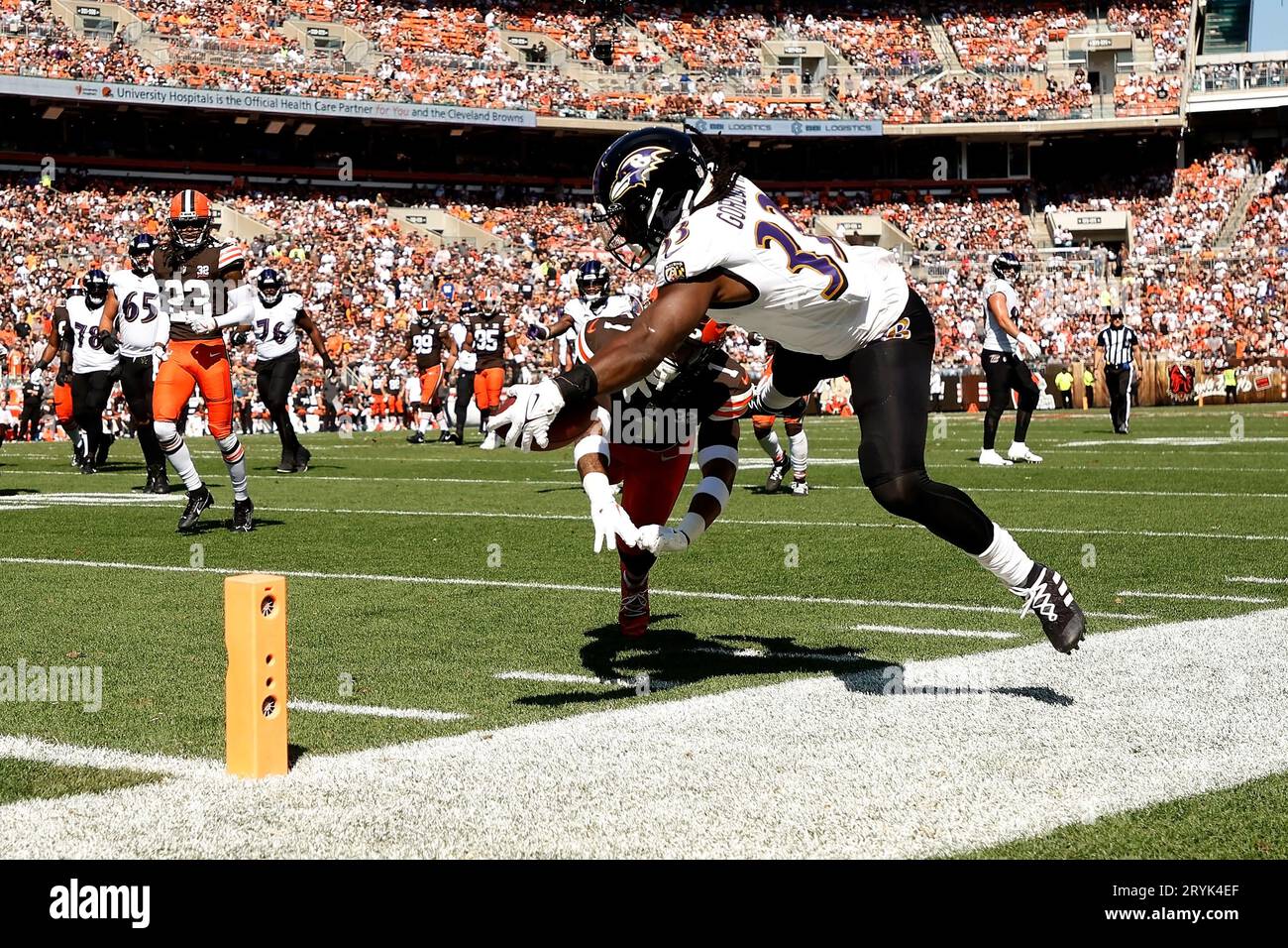 Baltimore Ravens safety Marcus Williams (32) is knocked out of bounds ...